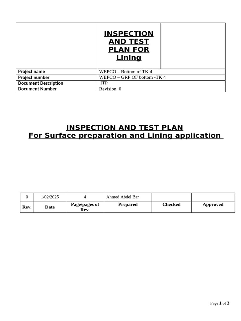 Wepco -Itp- Bottom of Tk 04 Rev0 | PDF | Materials | Industrial Processes