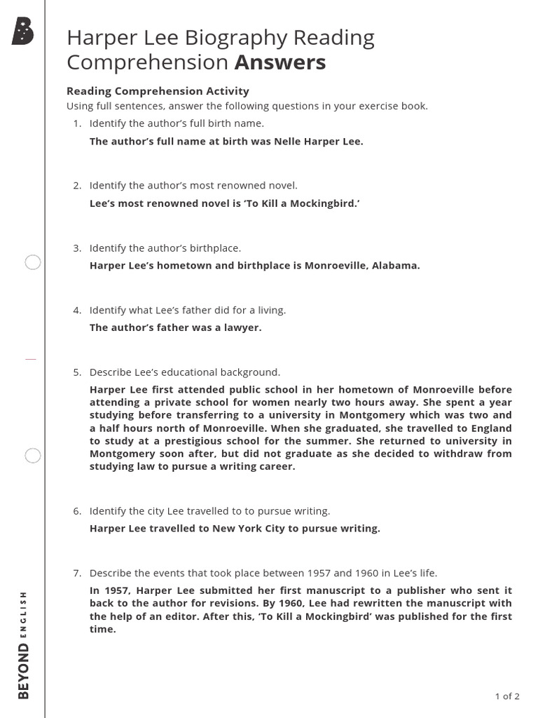 Harper Lee Biography - Reading Comprehension Answers | PDF | Harper Lee