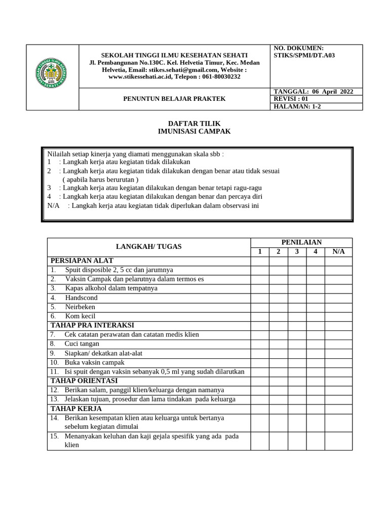 Daftar Tilik Imunisasi Campak | PDF