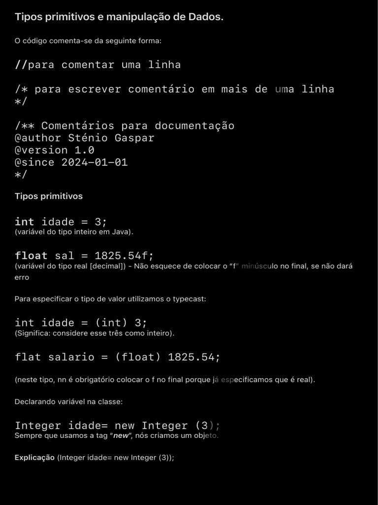 Tipos Primitivos e Comentários em Java | PDF | Classe (programação de ...
