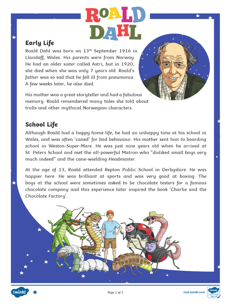 UKS2 Roald Dahl Biography Differentiated Reading Comprehension Activity ...