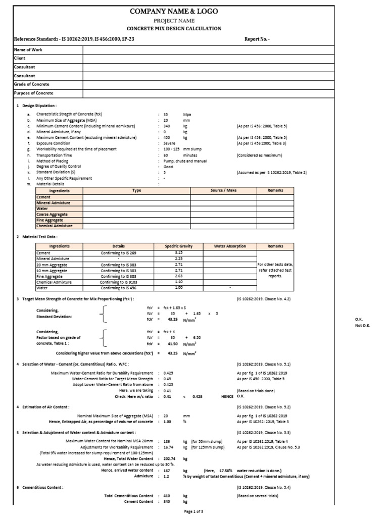 Calculations For Mix Design | PDF | Concrete | Building Engineering