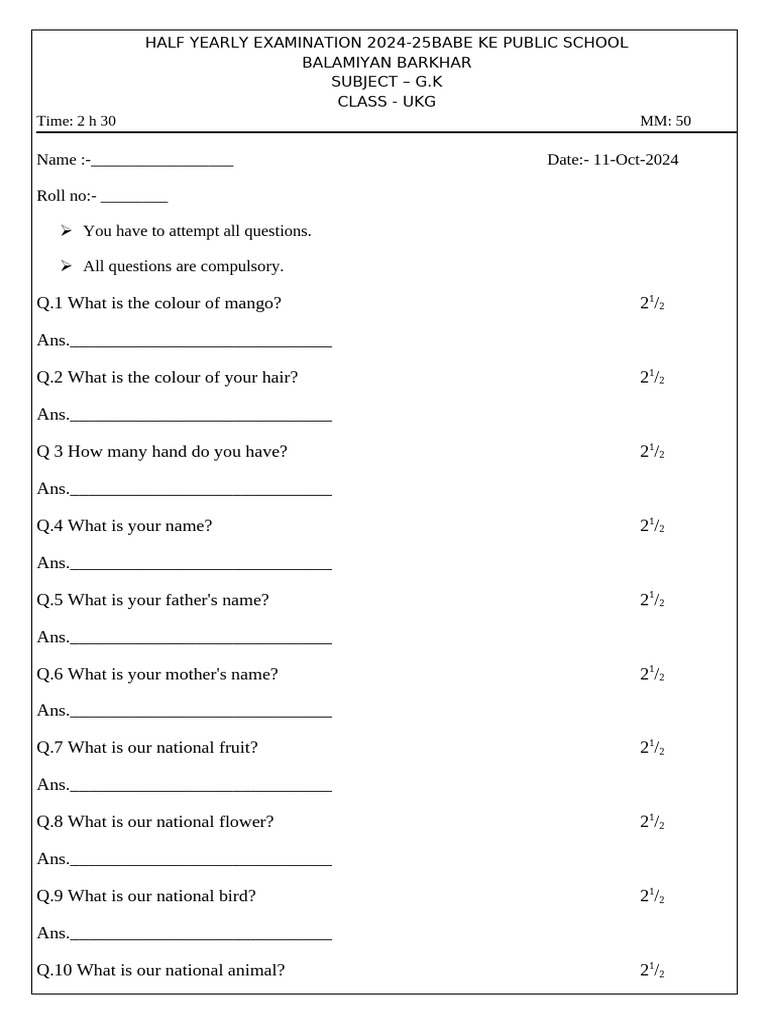 UKG G.K. Half Yearly Exam Paper 2024 | PDF