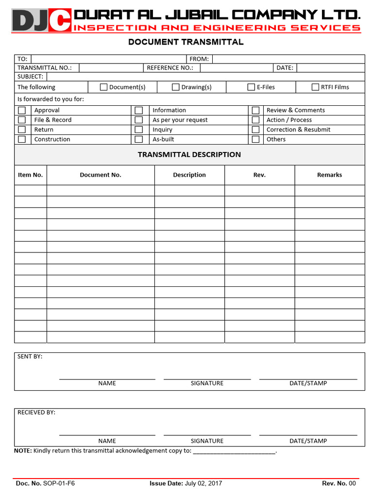 SOP-01-F6 Document Transmittal Rev.00 Jan.02.2017 | PDF