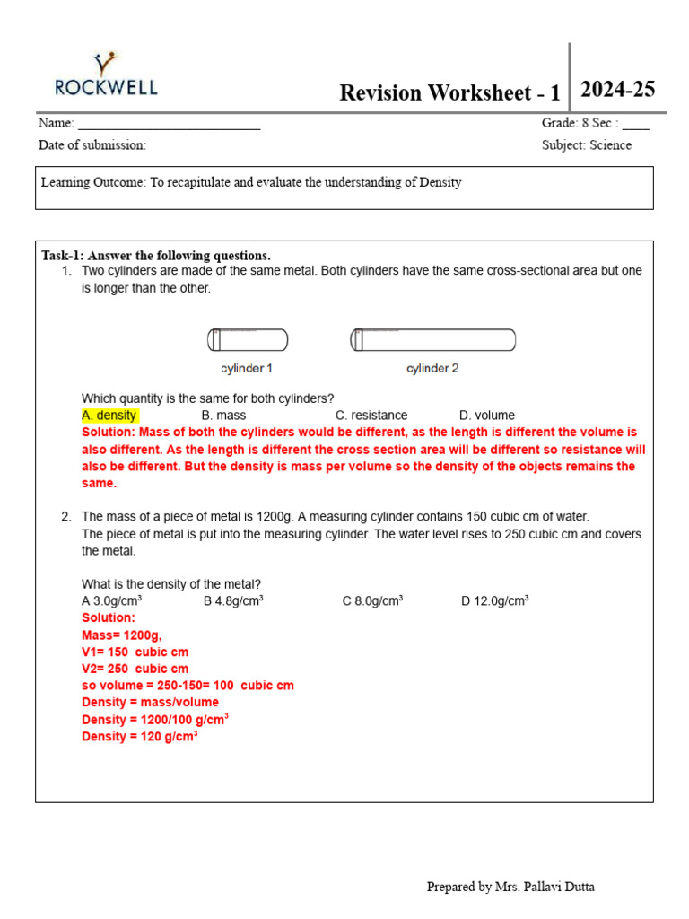 Density Revision Worksheet for Grade 8 | PDF | Volume | Density