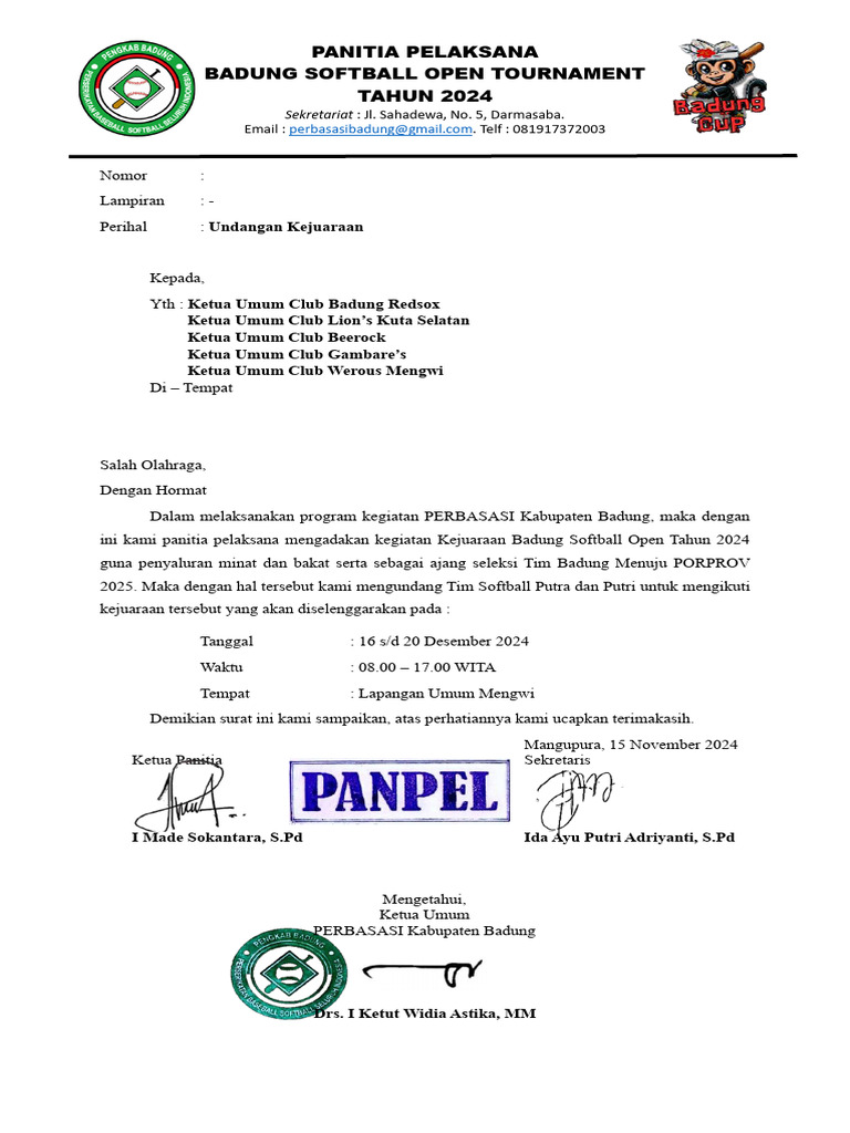 Undangan Kejuaraan Softball Badung 2024 | PDF