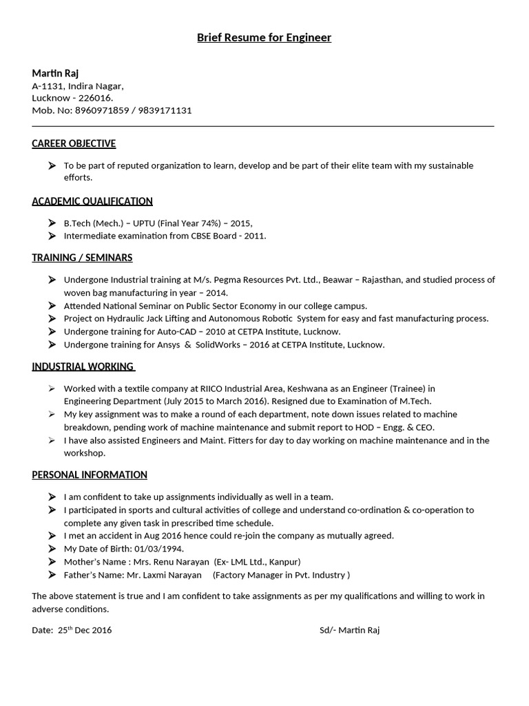 Brief Resume for Engineer | PDF