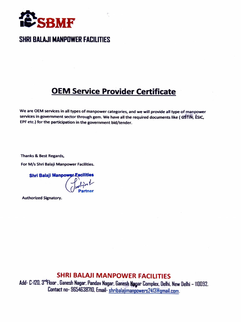 OEM Manpower Services Certificate | PDF