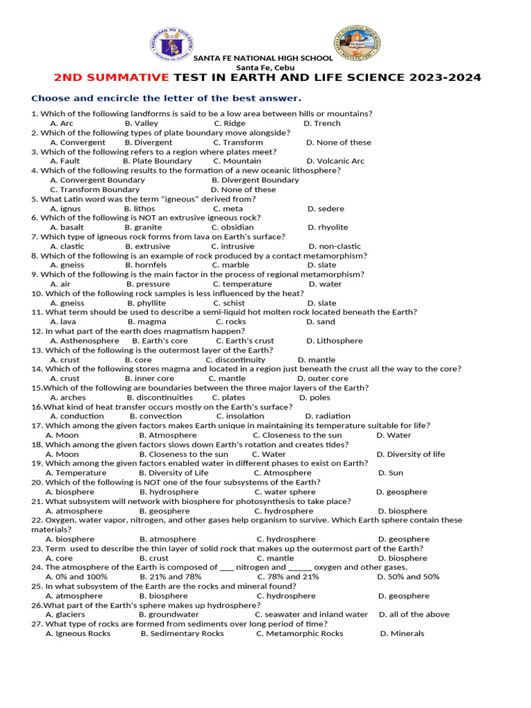 Second Summative Test in Earth and Life Science - 2024-2025 | PDF ...