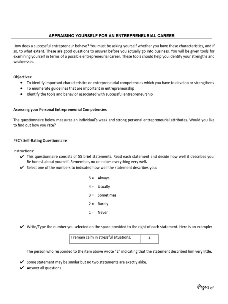 Nono Althea Pecs Self Rating | PDF | Questionnaire | Entrepreneurship