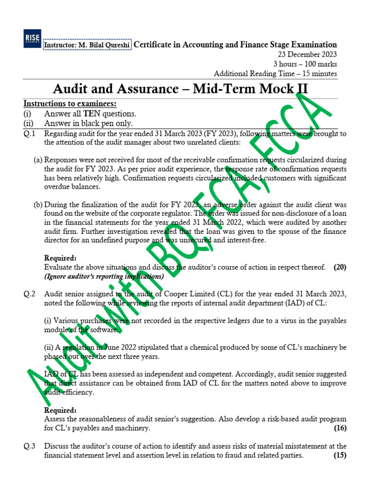 Audit Mid Term Mock II_ 23 December 2023 | PDF | Audit | Internal Audit
