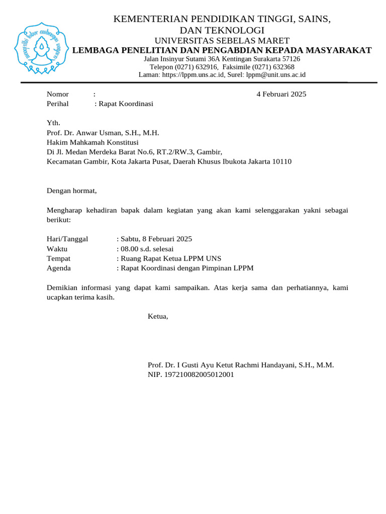 Surat Permohonan Kunjungan Rapat Koordinasi LPPM UNS | PDF