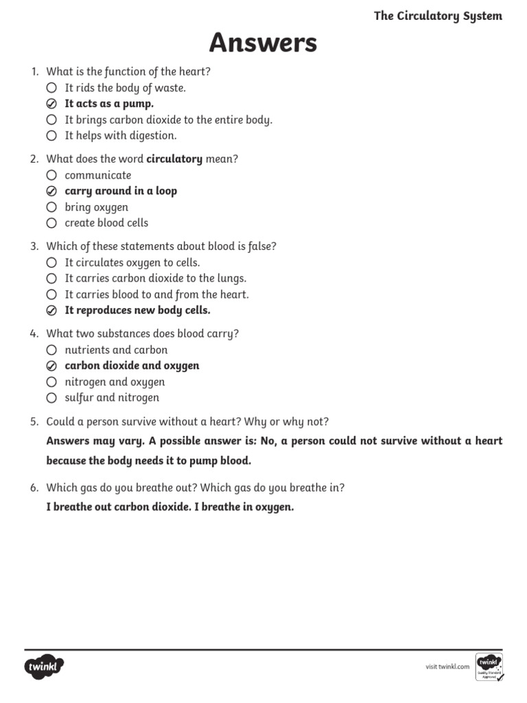 Answer Fourth Grade The Circulatory System Reading Comprehension ...