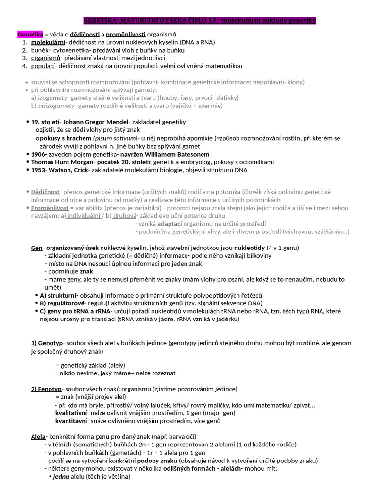 GENETIKA- MATURITNÍ OTÁZKA ČÍSLO 17 | PDF