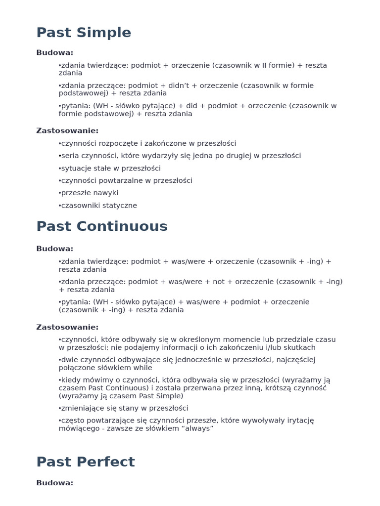 Czasy Przeszłe Podsumowanie | PDF