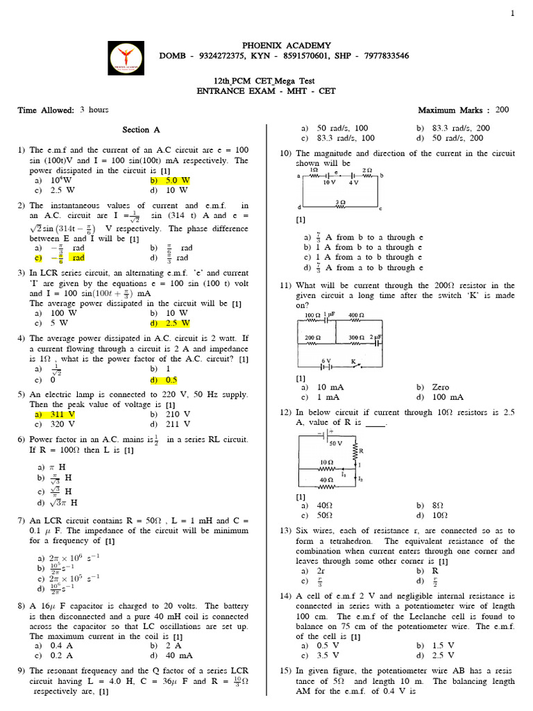 12th PCM CET Mega Test Questions | PDF | Alternating Current ...