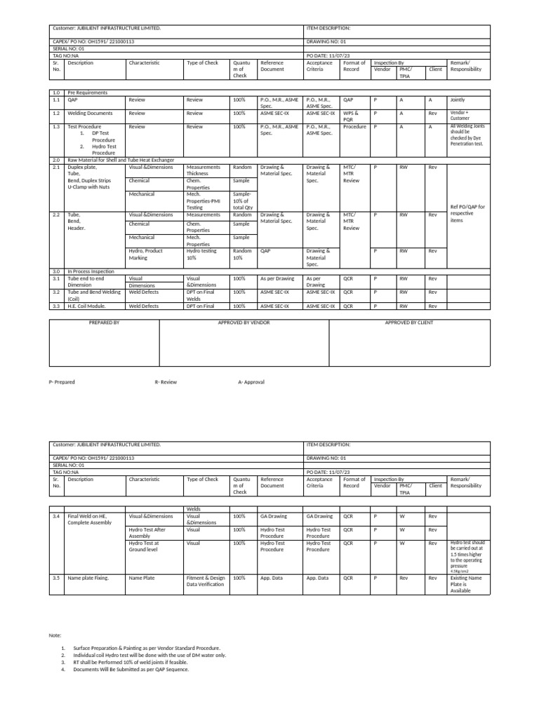 Heat Exchaner Duplex Tubes Replacement QAP | PDF | Mechanical Engineering | Materials