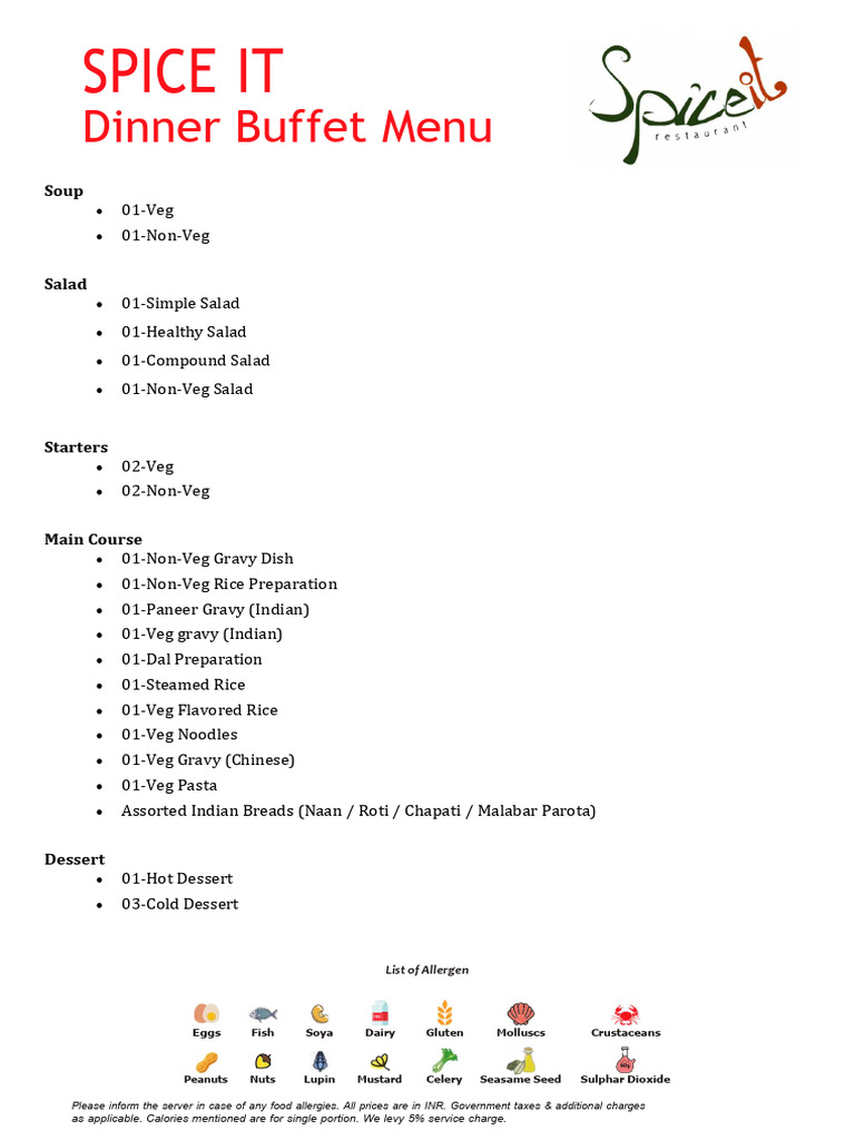 Dinner Buffet Menu with Allergen Info | PDF