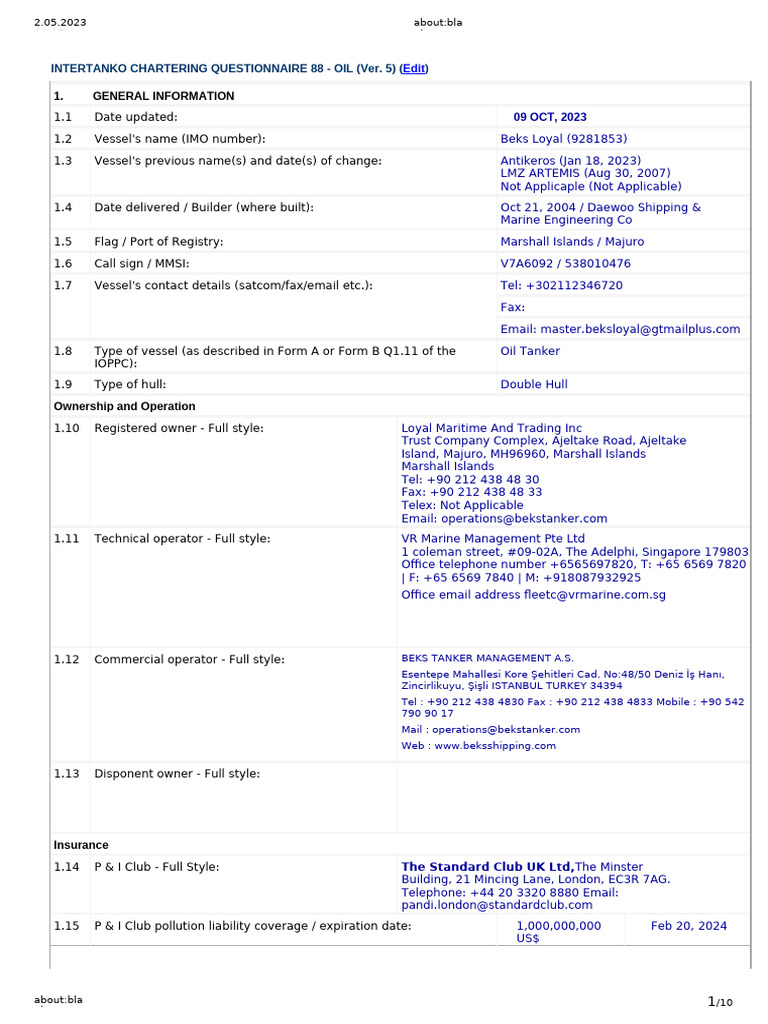 18.Q88 Beks Loyal 09.10.23 | PDF | Tonnage | Ships