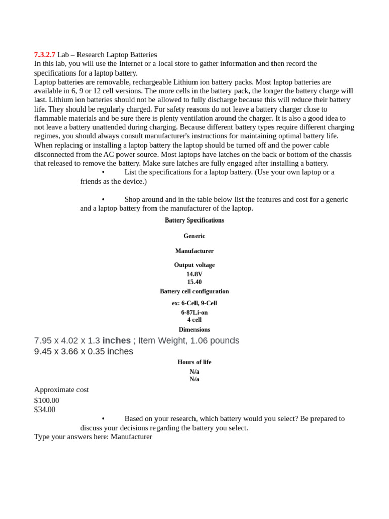 7.3.2.7 Lab - Research Laptop Batteries | PDF | Lithium Ion Battery ...