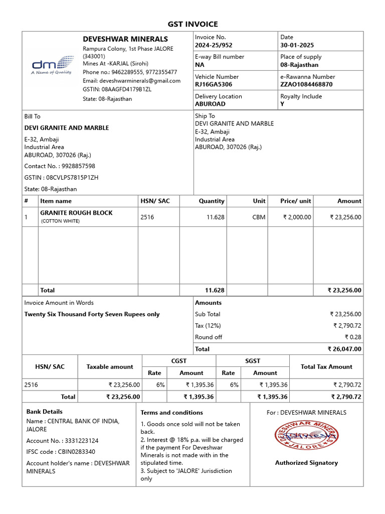 GST Invoice for Granite Sale | PDF | Economies | Taxation