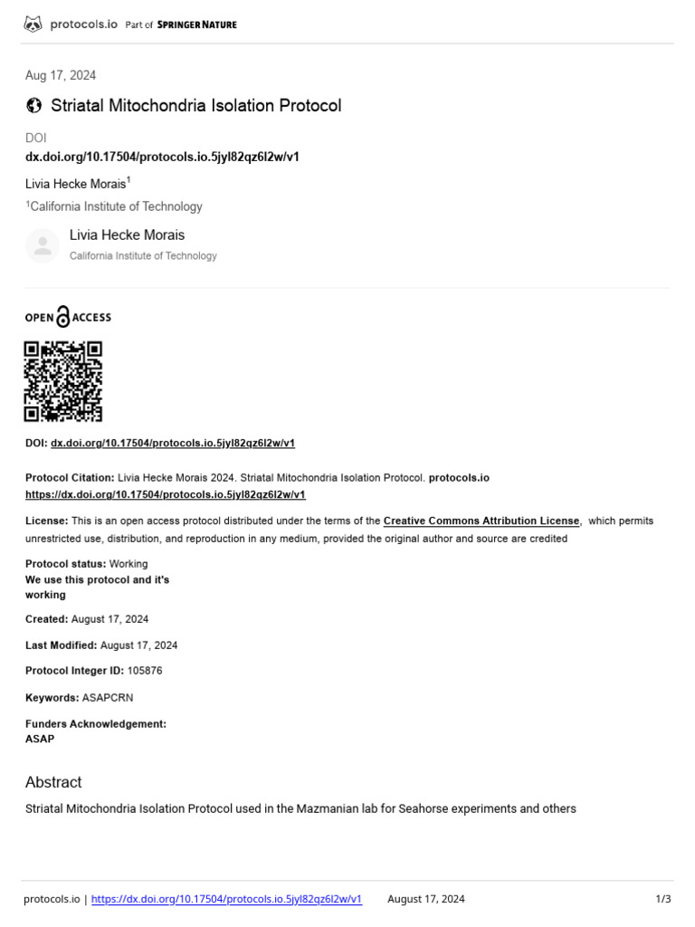 Striatal Mitochondria Isolation Protocol v1 | PDF
