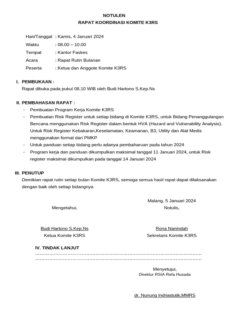 Notulen Rapat Komite K3RS Refa | PDF