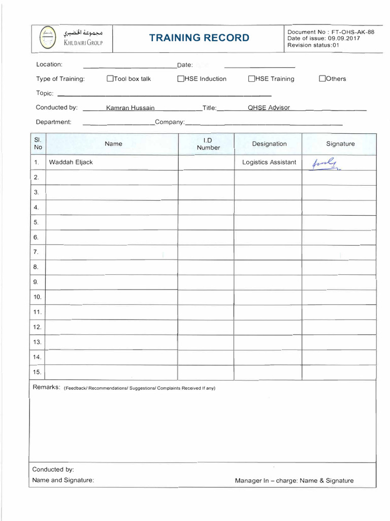 OHSE Training Record | PDF