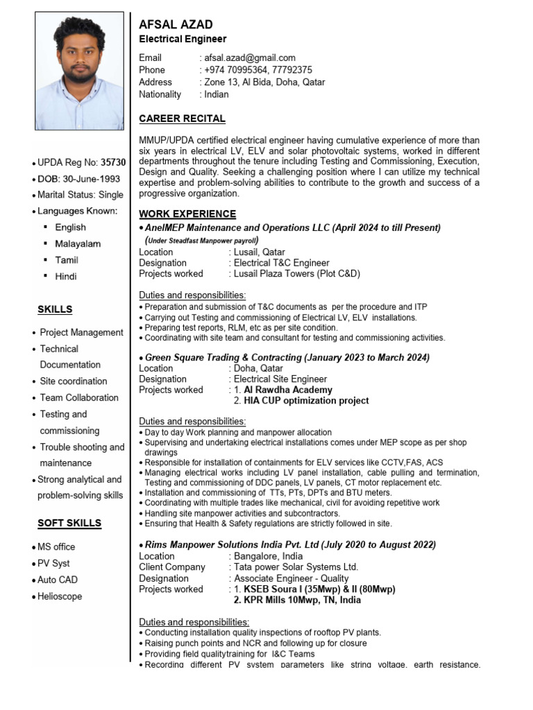 Afsal Azad CV-20-10-2024 | PDF | Photovoltaic System | Solar Power