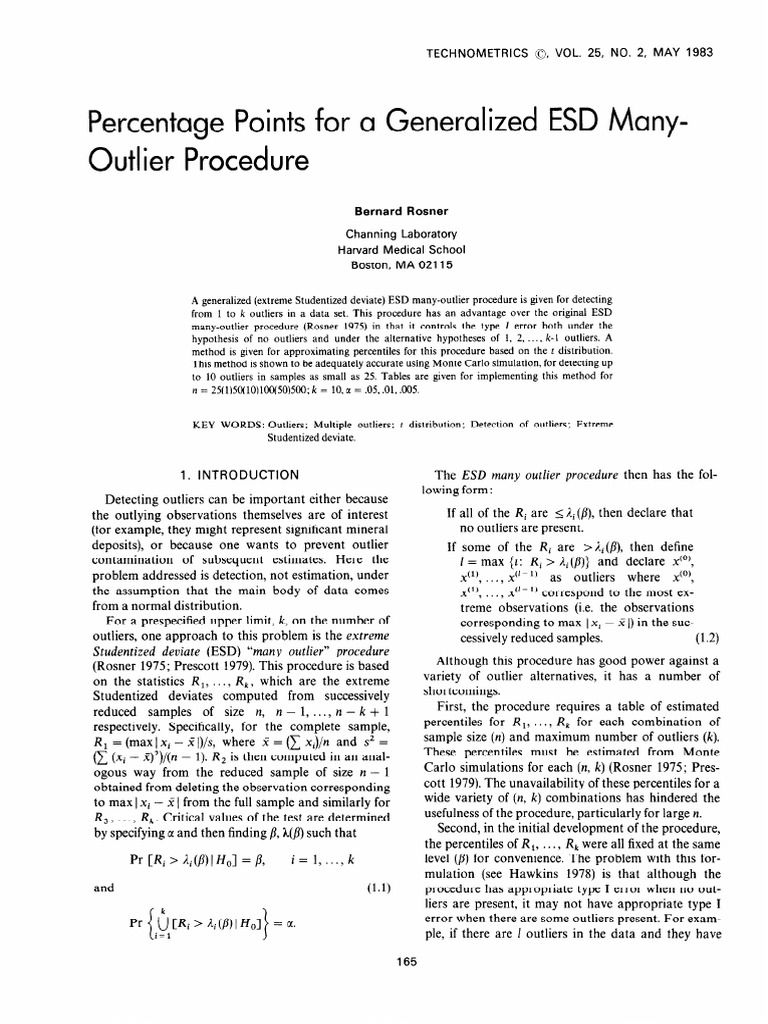 Percentage Points For A Generalized ESD Many-Outlier Procedure | PDF ...