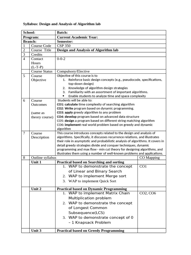 CSP350_Design and Analysis of Algorithm Lab | PDF | Algorithms | Dynamic Programming