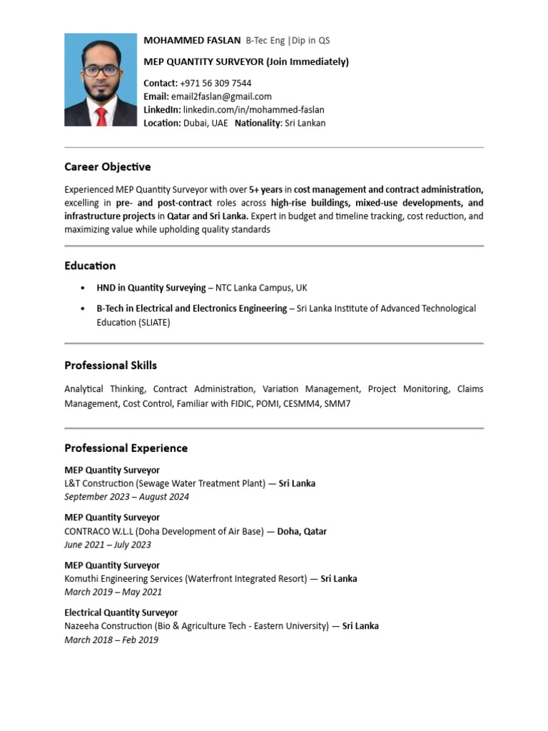 Faslan-Resume-MEP QS - 5+ Yrs | PDF | Request For Information