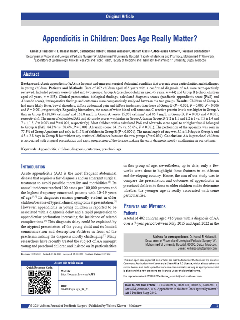 Appendicitis in Children Does Age Really Matter .26 | PDF | Medical ...