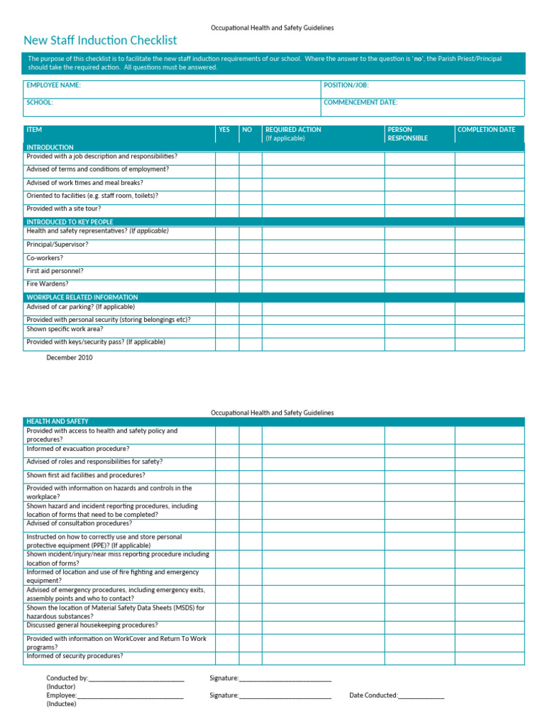 New Staff Induction Checklist | PDF | Occupational Safety And Health ...
