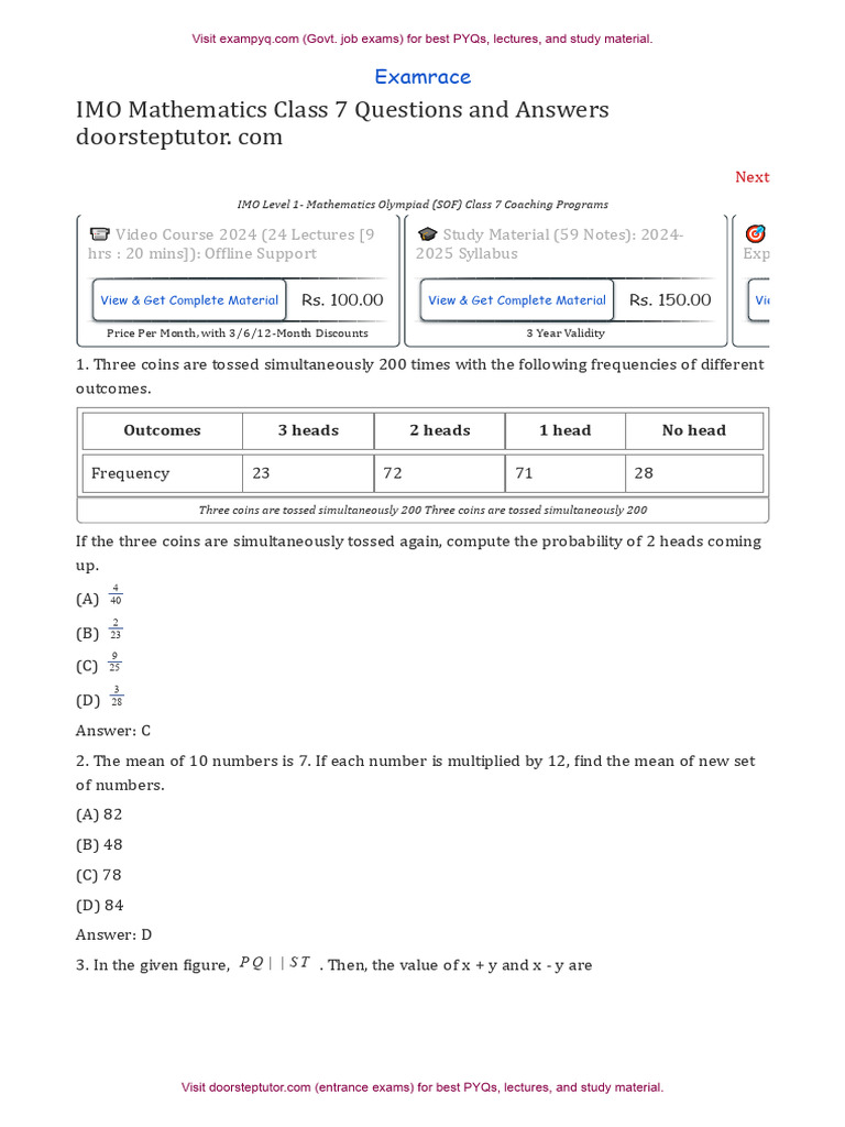 IMO Mathematics Class 7 Questions Part 1 | PDF | Mathematics