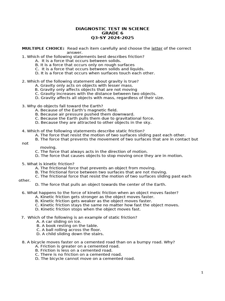 Science g6 q3 Diagnostic 2024 2025 | PDF | Friction | Force
