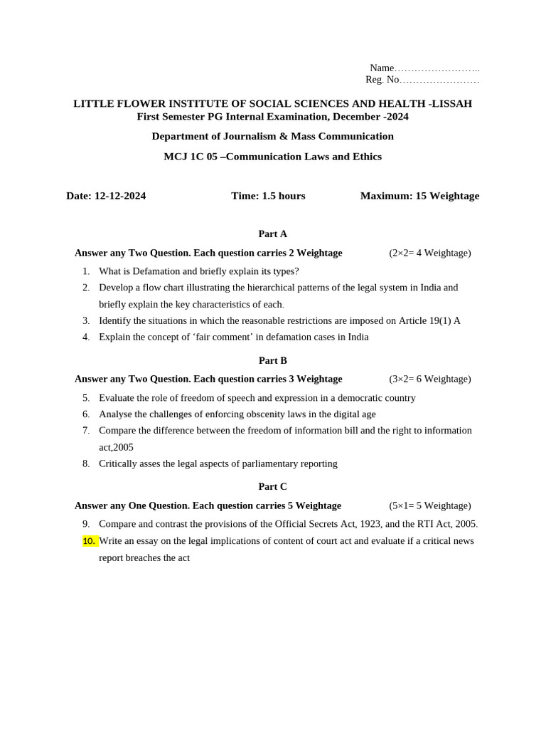 First Sem Internal Question Paper (Introduction to Mass) | PDF