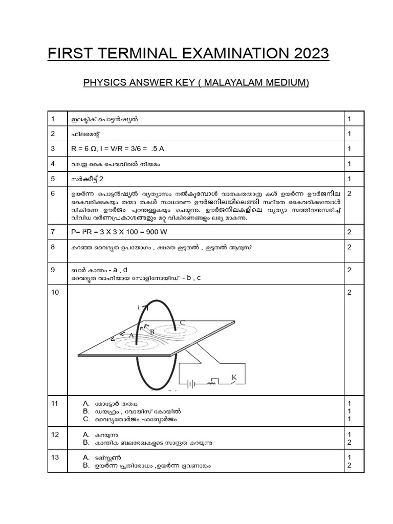 SSLC First Term Exam 2023 - PHYSICS Answer Key MM. by Sreeraj Sir | PDF