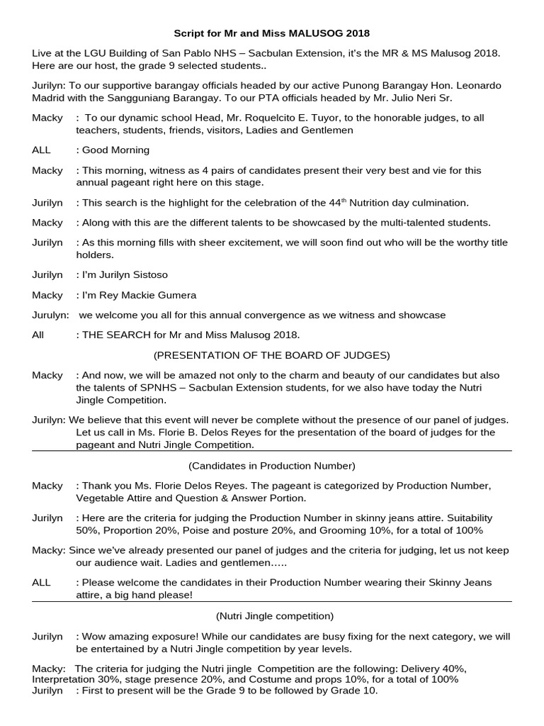 Mr and Miss Malusog 2018 Pageant Script | PDF