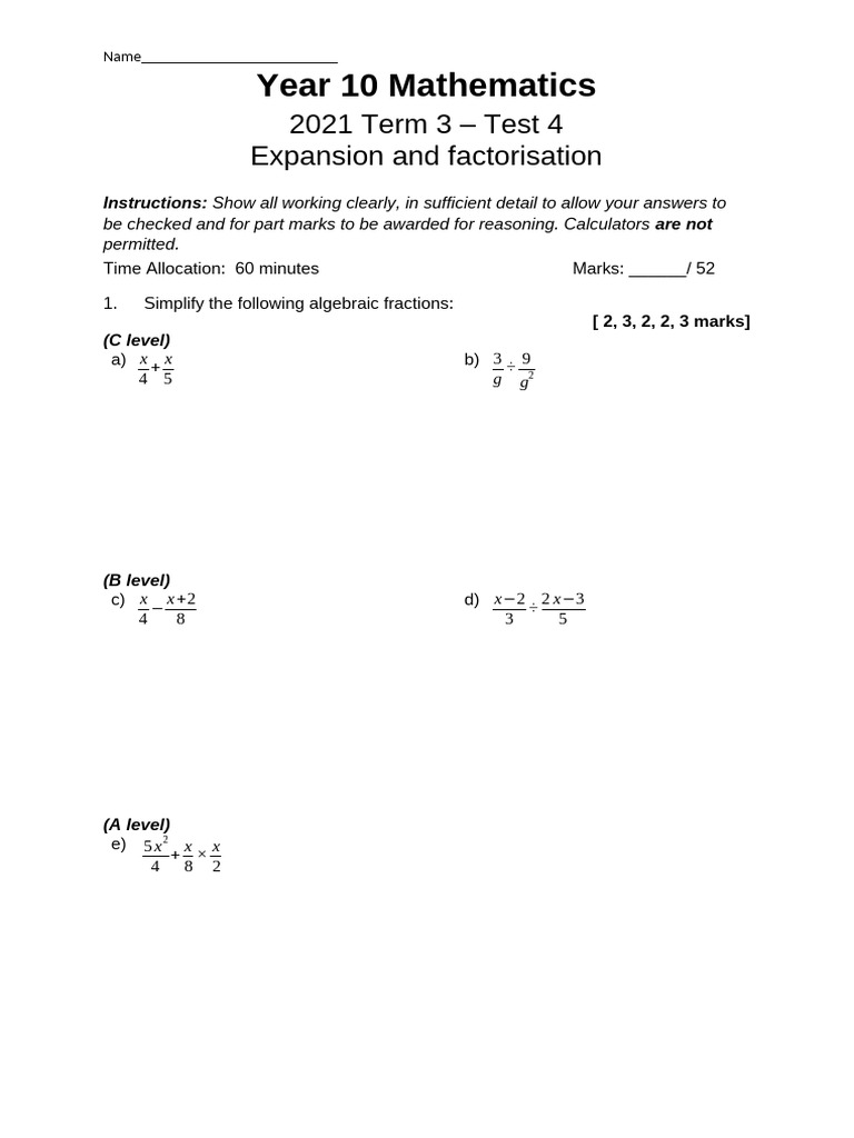 Year 10 Math Test: Algebra Skills | PDF | Quadratic Equation ...