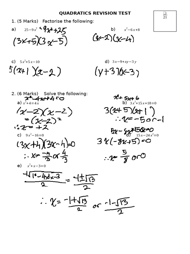 Quadratics Revision Test | PDF