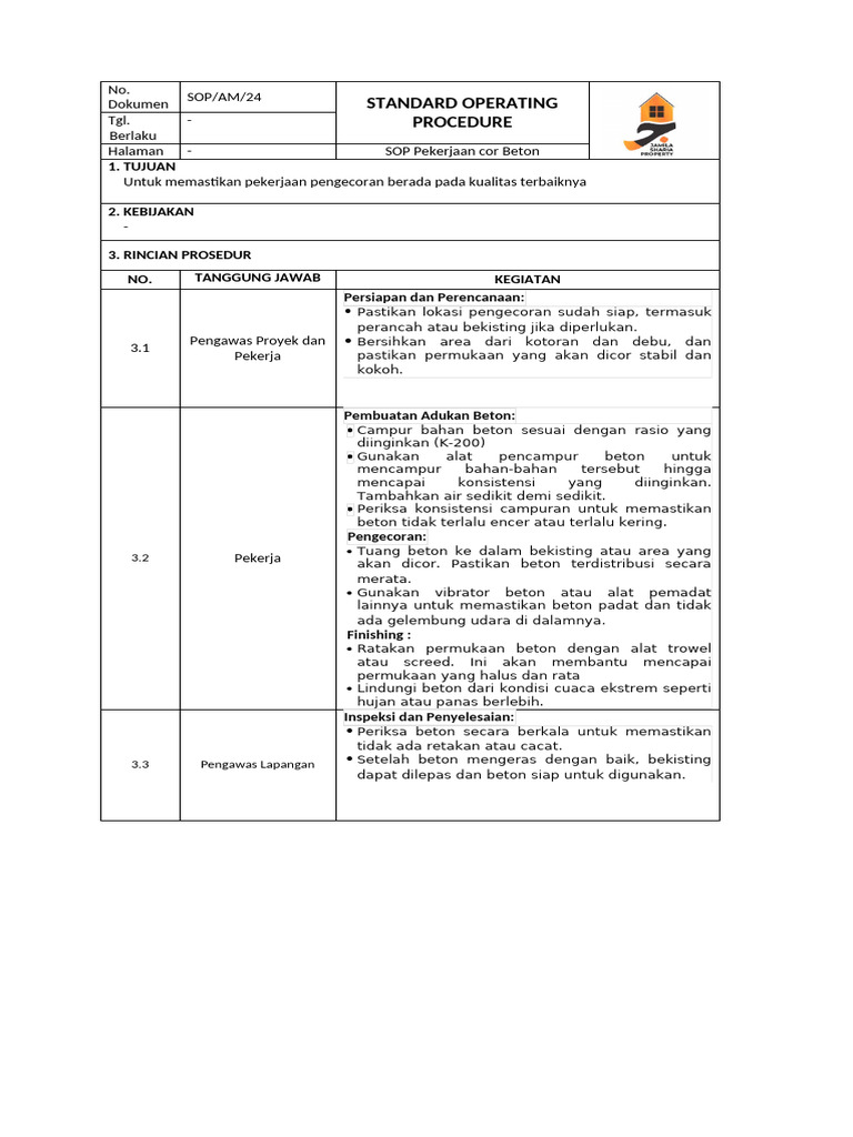 SOP Pengecoran Beton | PDF