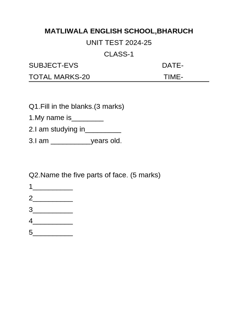Class 1 Unit Test Paper | PDF