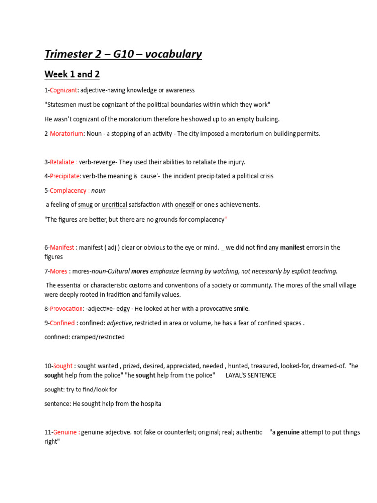 Grade 10 Vocabulary: Trimester 2 List | PDF | Adjective | Verb