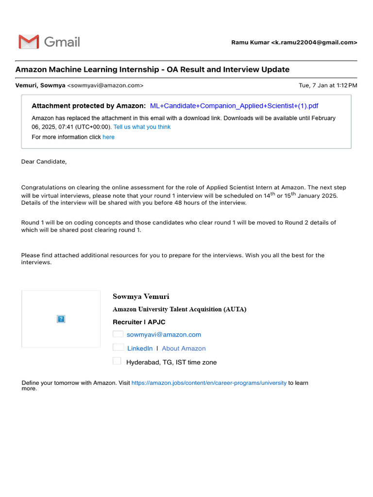 Amazon Machine Learning Internship - OA Result and Interview Update | PDF