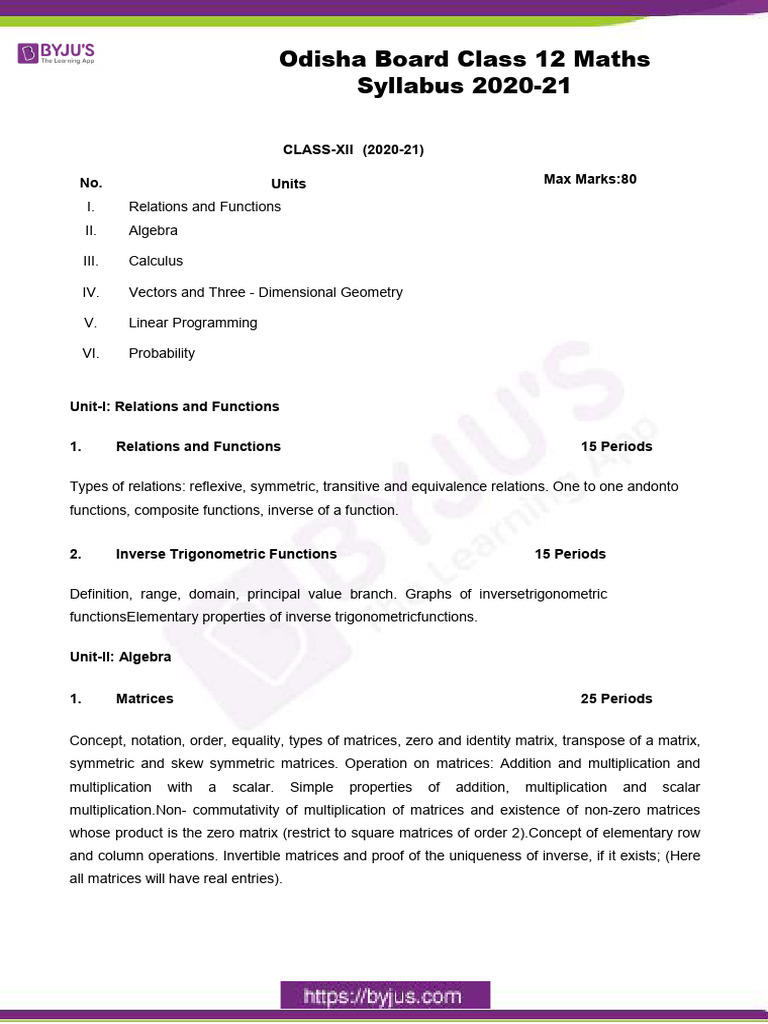 Class 12 CHSE Odisha Math Syllabus 2020-21 | PDF | Matrix (Mathematics ...