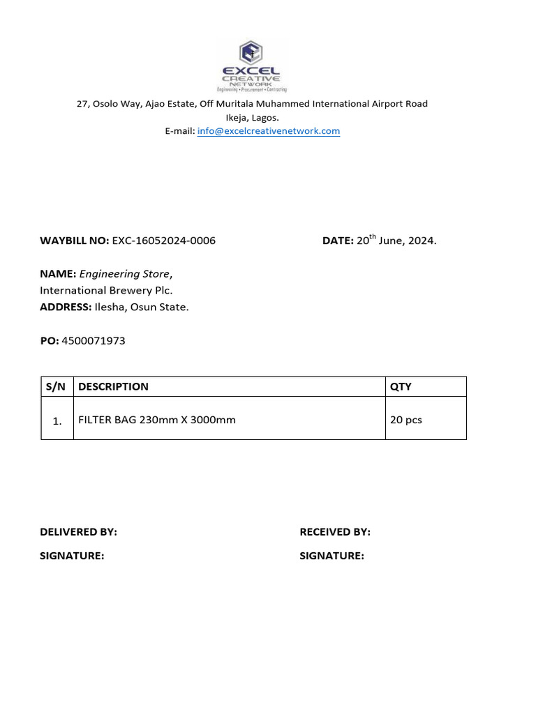 Waybill for Filter Bags Delivery | PDF