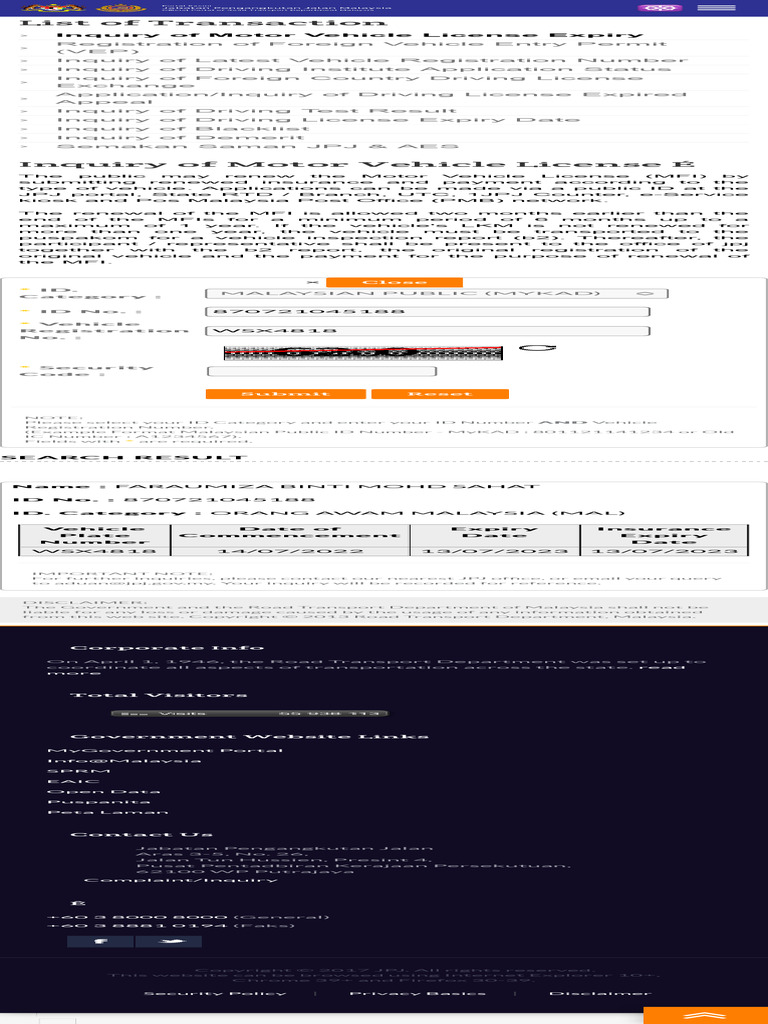 Inquiry of Motor Vehicle License Expiry - JPJ Portal - Jabatan ...