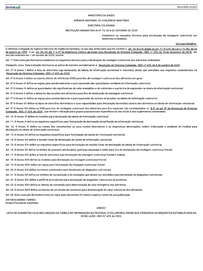Rotulagem Nutricional de Alimentos Embalados - IN #75 de 2020 | PDF