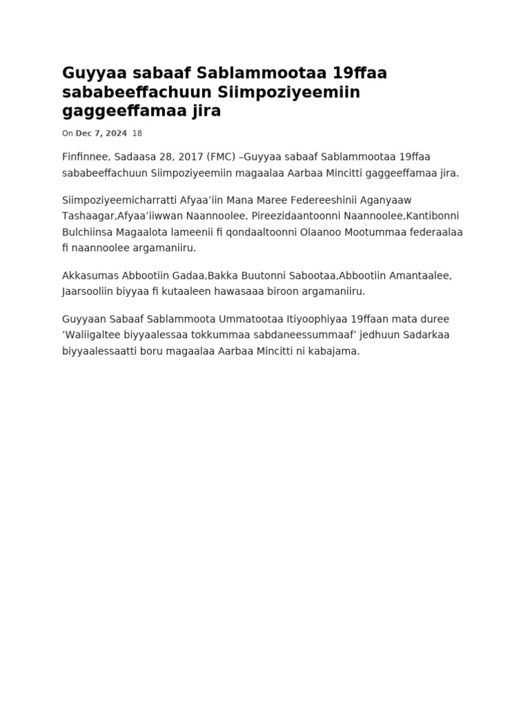 Guyyaa Sabaaf Sablammootaa 19ffaa Sababeeffachuun Siimpoziyeemiin Gaggeeffamaa Jira | PDF